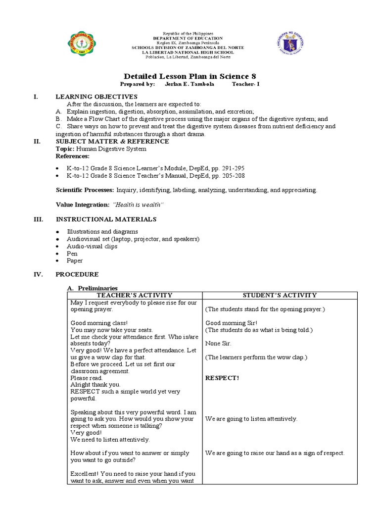 Detailed Lesson Plan in Science 8 | PDF | Human Digestive System ...