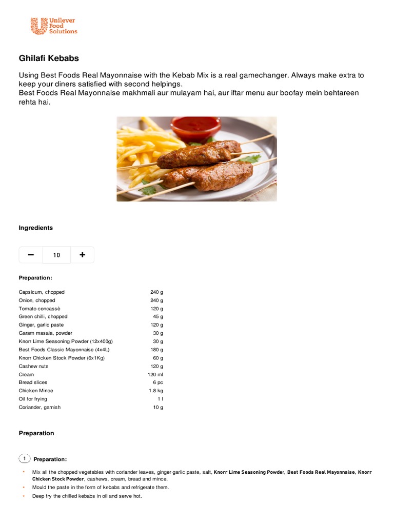 Ghilafi Kebabs Unilever Food Solutions | PDF