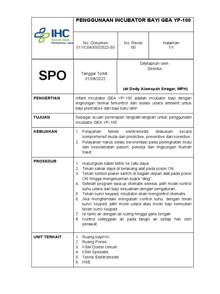 Penggunaan Incubator Bayi GEA YP-100 | PDF