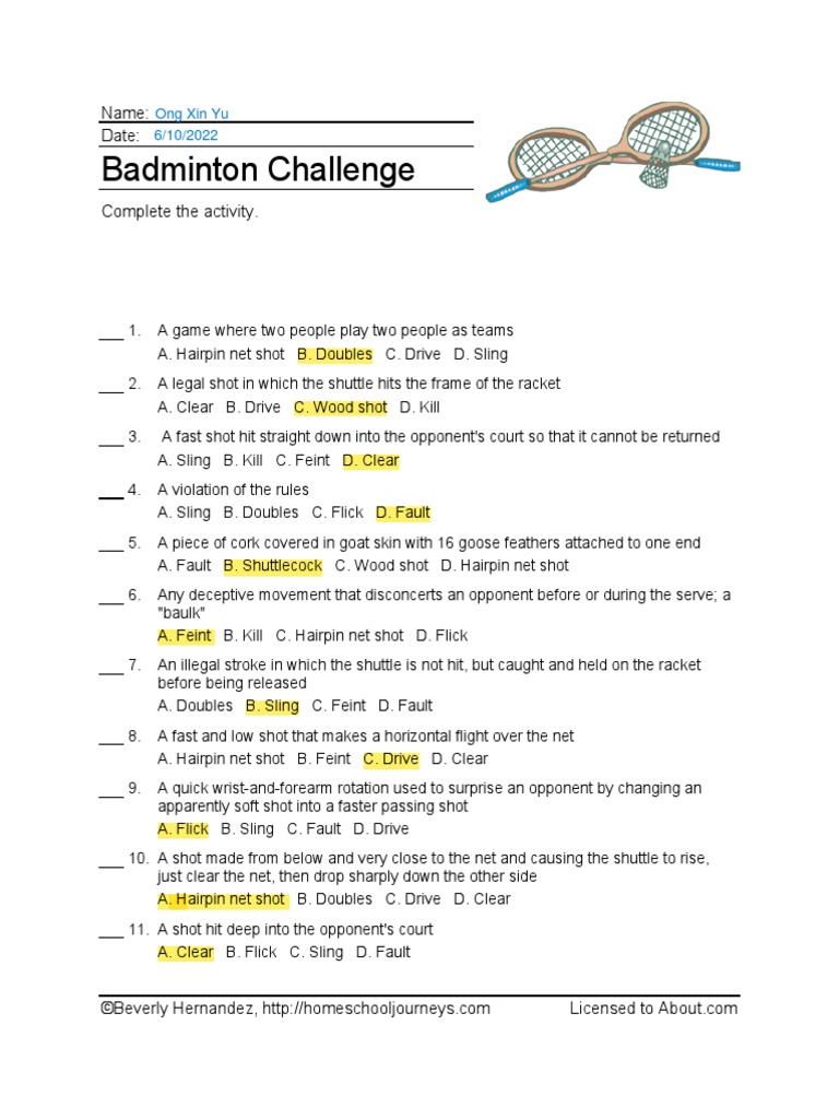 BADMINTON Exercise 2 | PDF