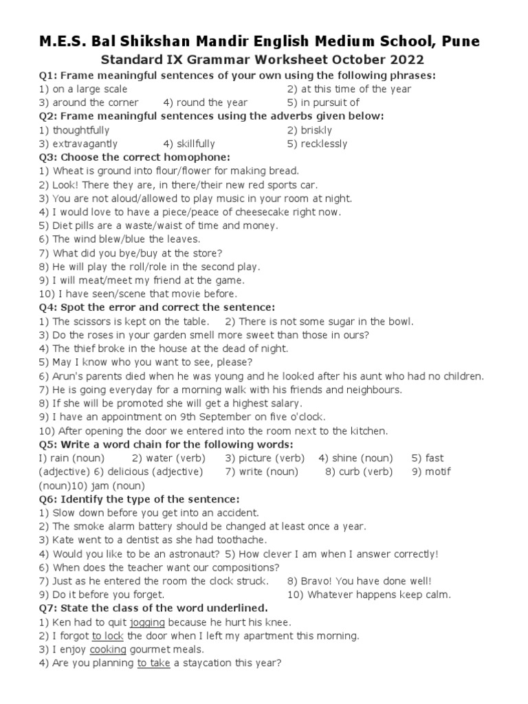 Standard Ix Grammar Worksheet October 2022 Pdf Noun Verb