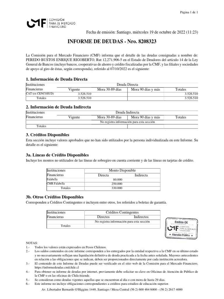 INFORME DE DEUDAS - Nro. 8208323: 1. Información de Deuda Directa | Descargar gratis PDF | Deuda ...