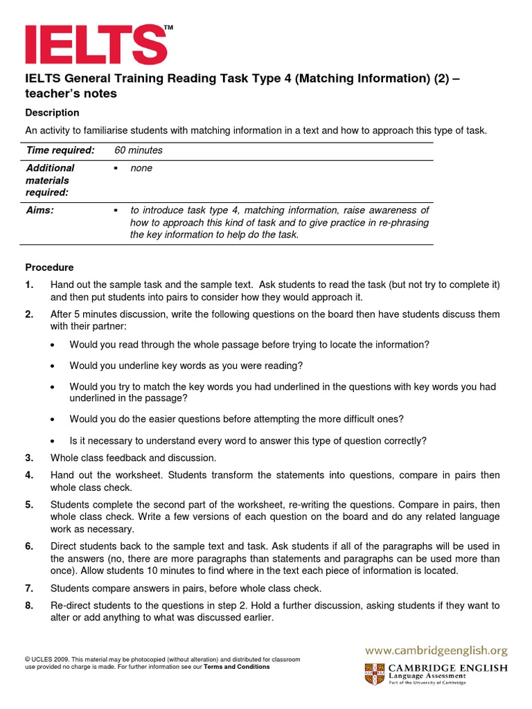 Ielts General Training Reading Task Type 4 Matching Information 2 | PDF ...