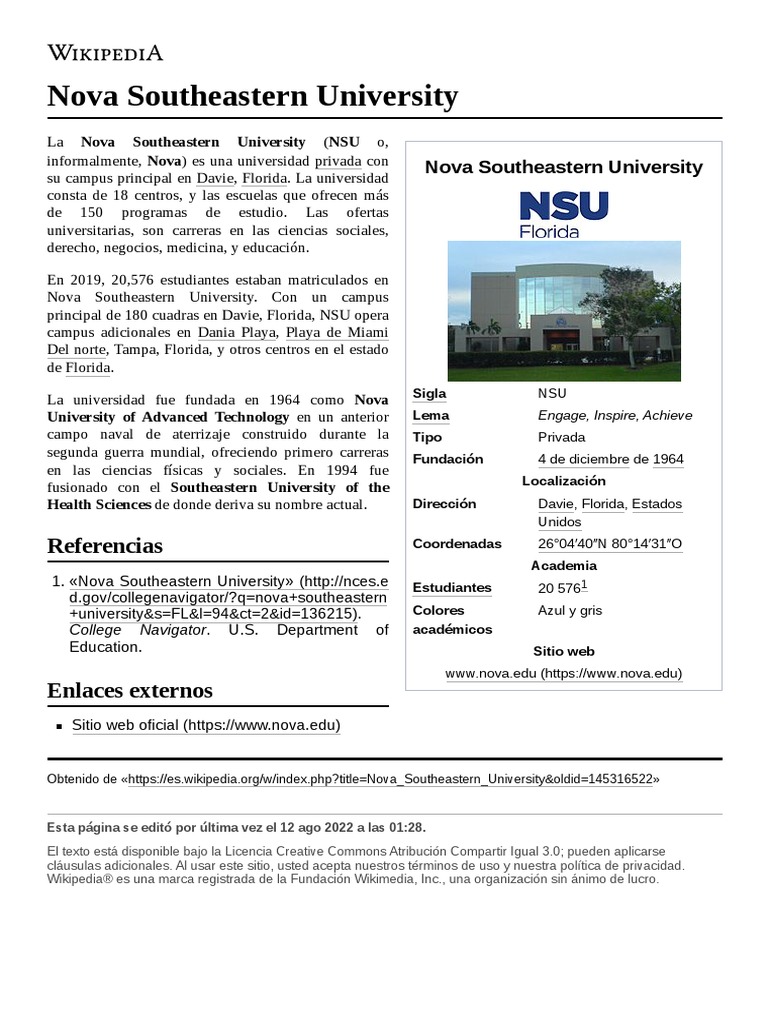 Nova Southeastern University - Wikipedia, La Enciclopedia Libre | PDF ...