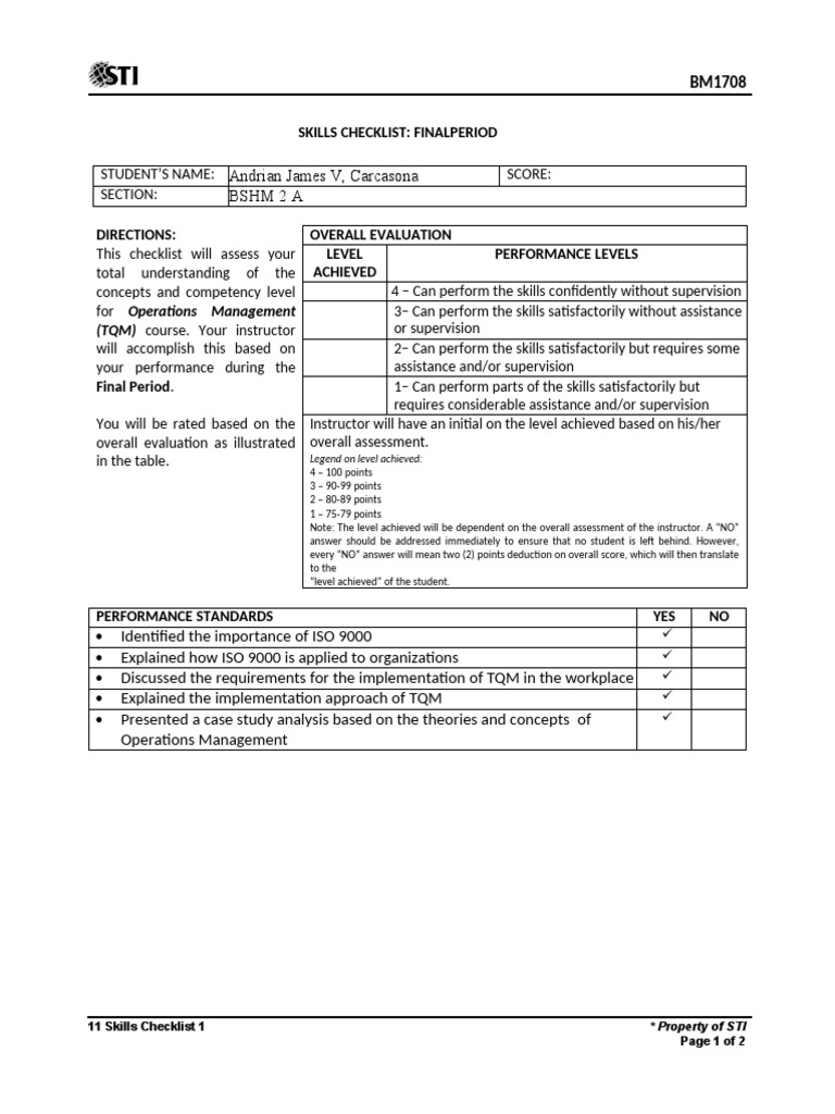 Operations Management Skills Checklist | PDF | Iso 9000 | Evaluation