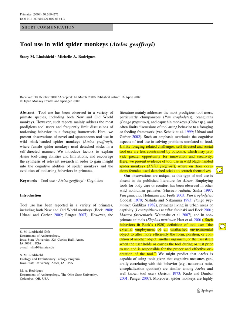 Tool Use in Wild Spider Monkeys Ateles Stacy | PDF | Zoology