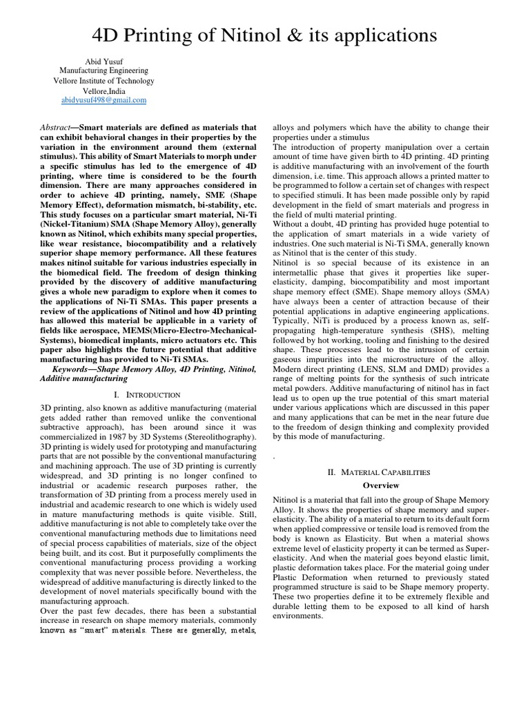 4D Printing of Nitinol and its Applications: Exploring the Potential of ...