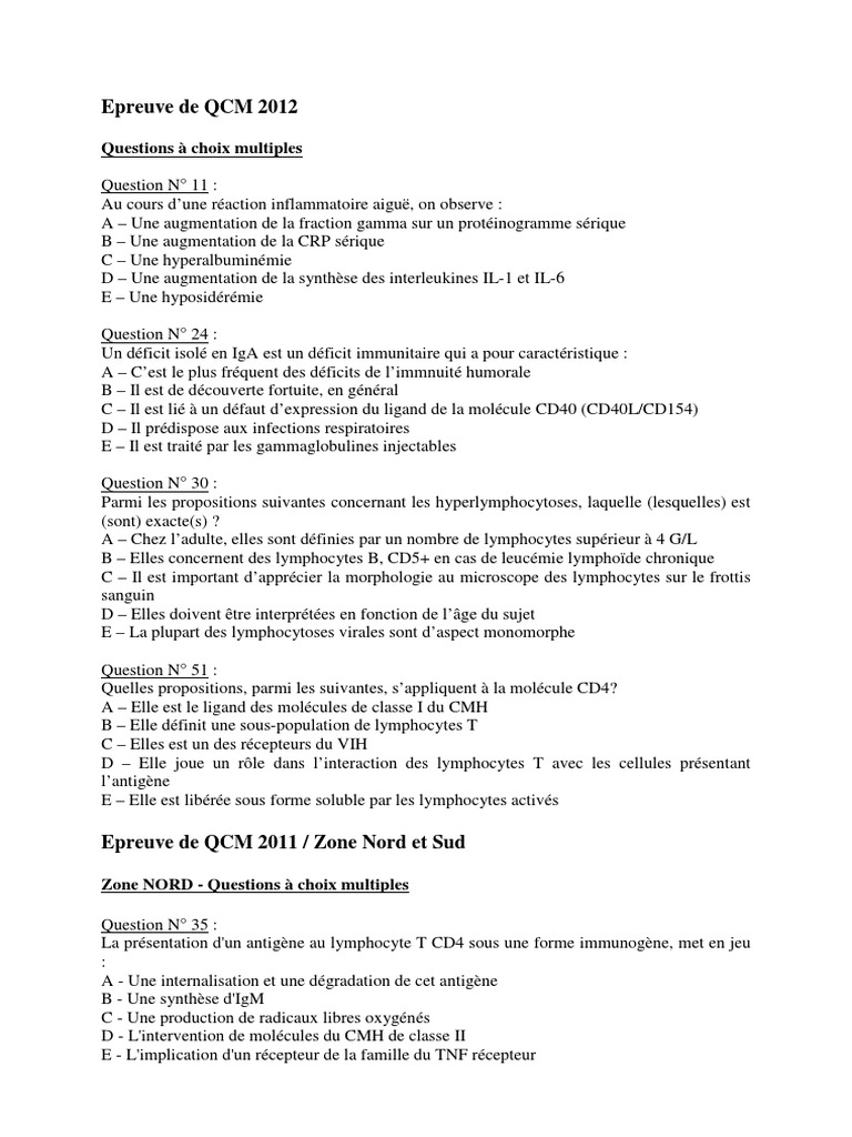 QCM Immunologie : Réponses et Concepts | PDF | Système immunitaire ...