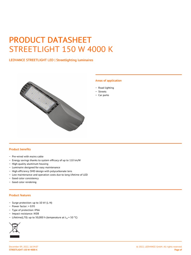 STREETLIGHT 150 W 4000 K en | PDF | Mains Electricity | Street Light
