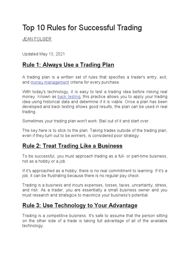 Top 10 Rules For Successful Trading | PDF | Risk | Money