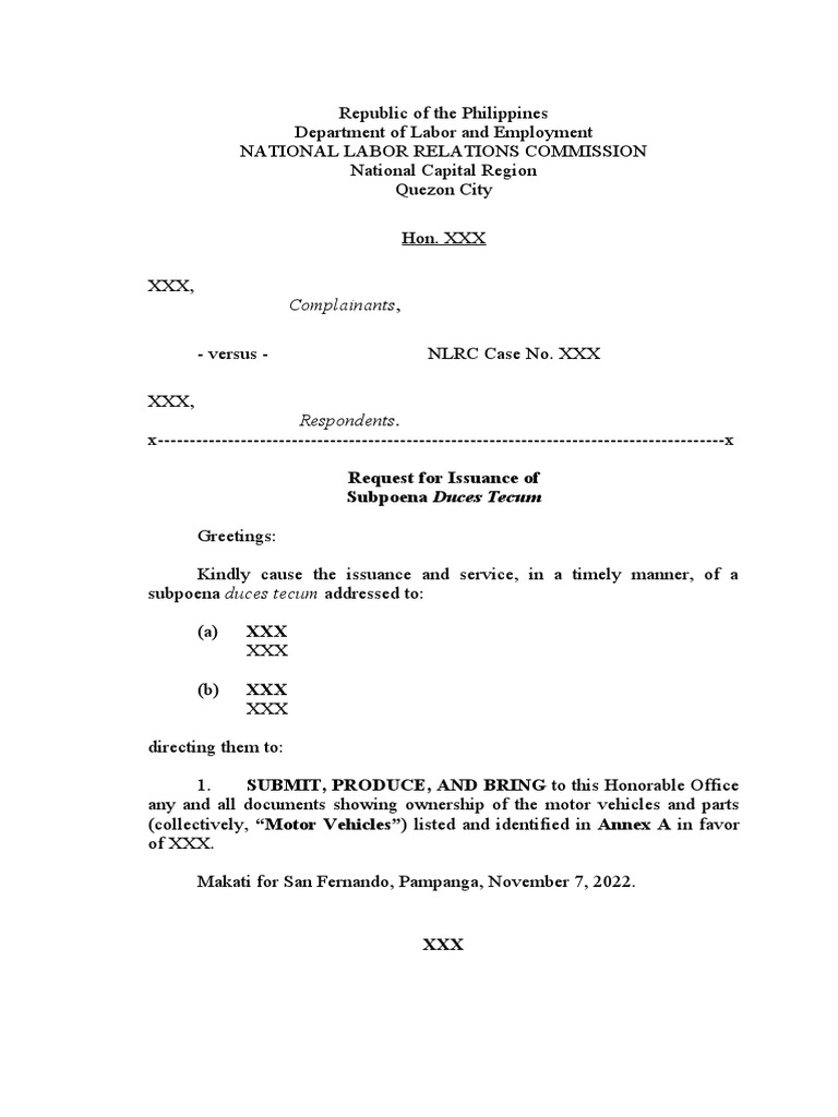 Sample Request For Subpoena | PDF