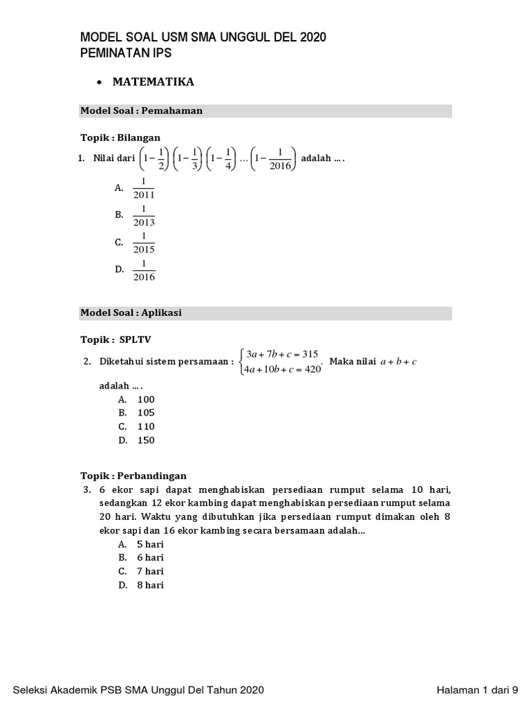 Model Soal Ips PSB Sma Unggul Del | PDF