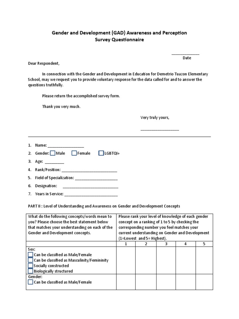 Gender and Development GAD Awareness and | PDF | Gender | Gender Studies