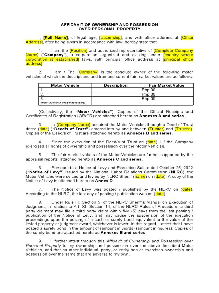 Affidavit of Ownership and Possession Over Personal Property 11032022 ...