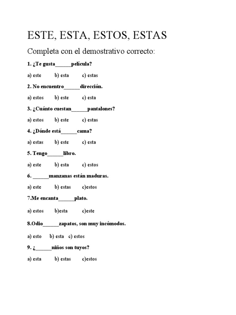 Ejercicios de Demostrativos en Español | PDF | Estudios de idiomas ...