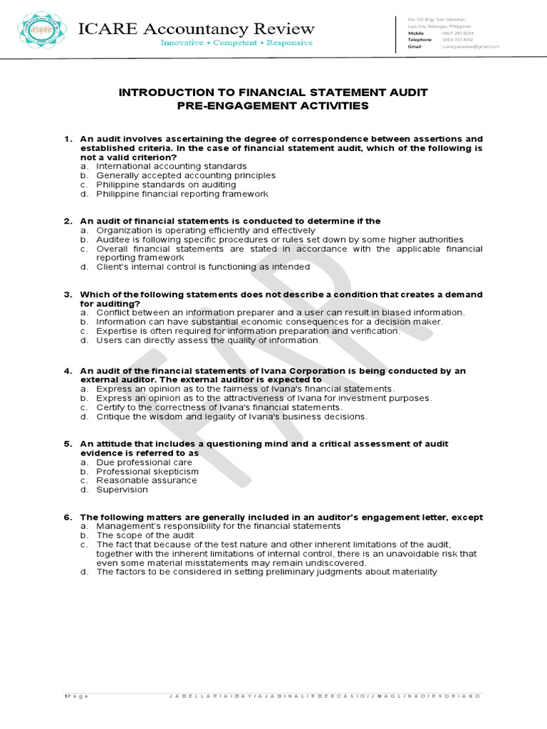 AT03 02 Introduction To Financial Statement Audit and Pre Engagement Activities | PDF | Audit ...
