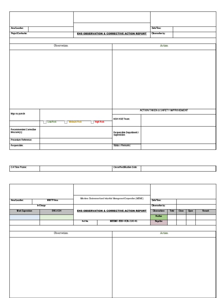 EHS Observation & Corrective Action Report (Template) | PDF | Risk ...