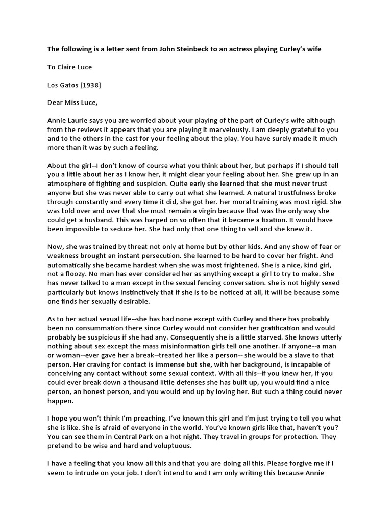 Letter From Steinbeck Re Curley's Wife | PDF