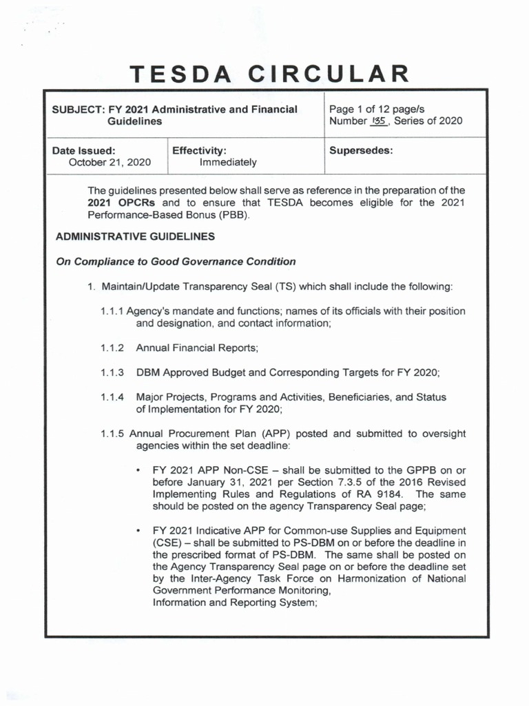 TESDA Circular No. 135-2020 Admin and Financial Guidelines For 2021 ...