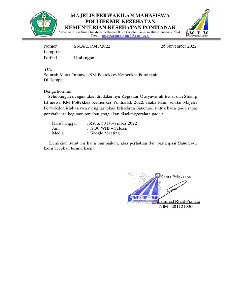 Surat Undangan Rapat Mubes - Ketua Ormawa | PDF