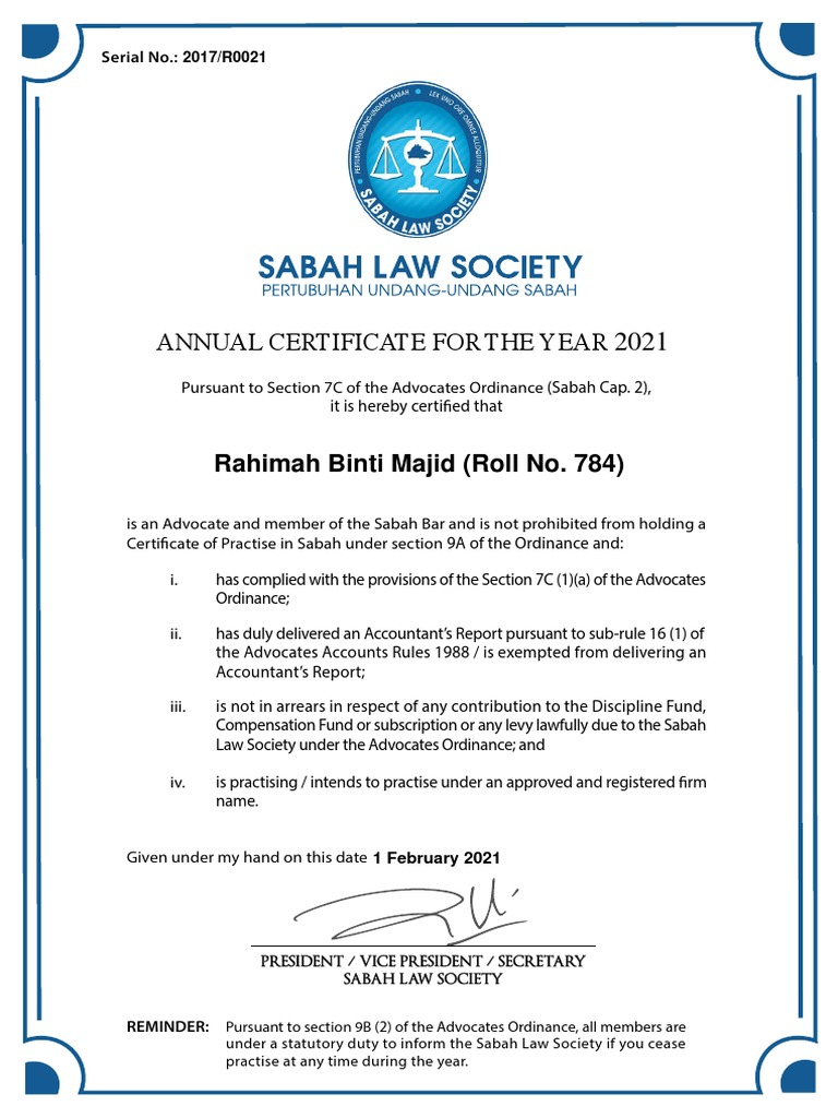 Annual Certificate for Rahimah Binti Majid confirming compliance with ...