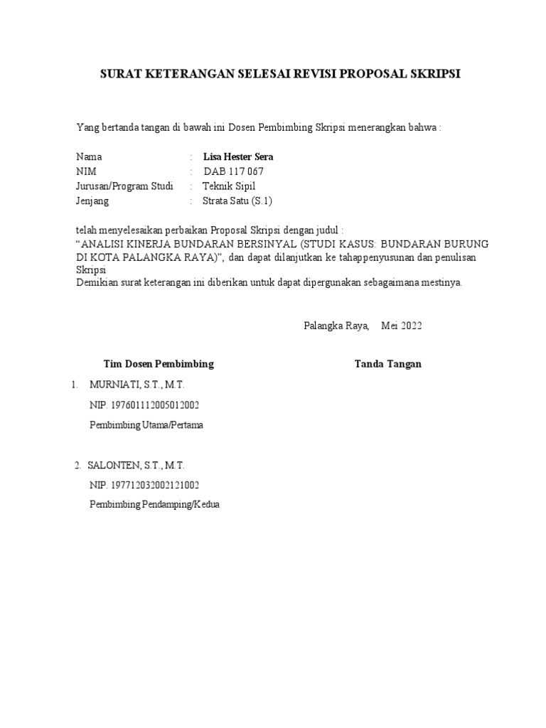 Surat Keterangan Revisi Proposal Skripsi | PDF