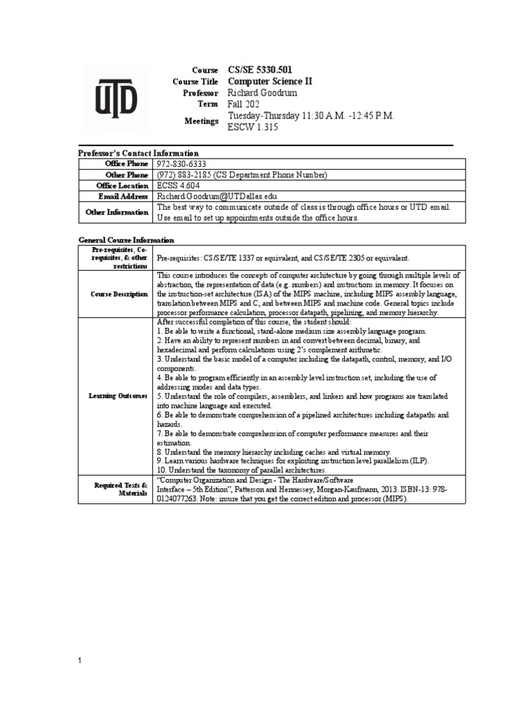 CS-SE 5330.501 Syllabus Fall 2021 | PDF | Computer Architecture ... CS-SE 5330.501 Syllabus Fall 2021 | PDF | Computer Architecture ...