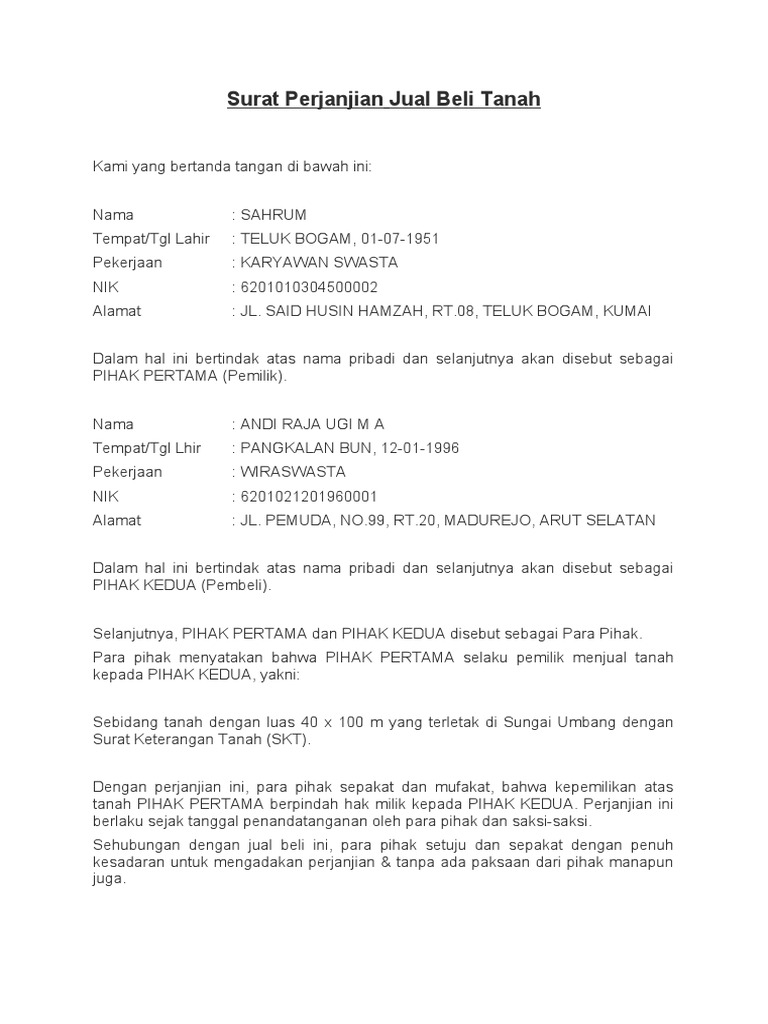 Contoh Surat Perjanjian Jual Beli Tanah | PDF