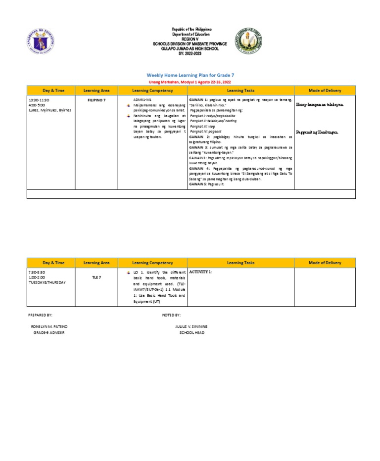 Weekly Plan Grade 7 | PDF