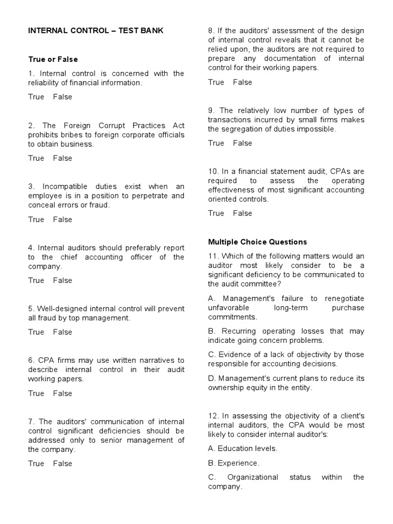 INTERNAL CONTROL - Test Bank | PDF | Internal Control | Audit