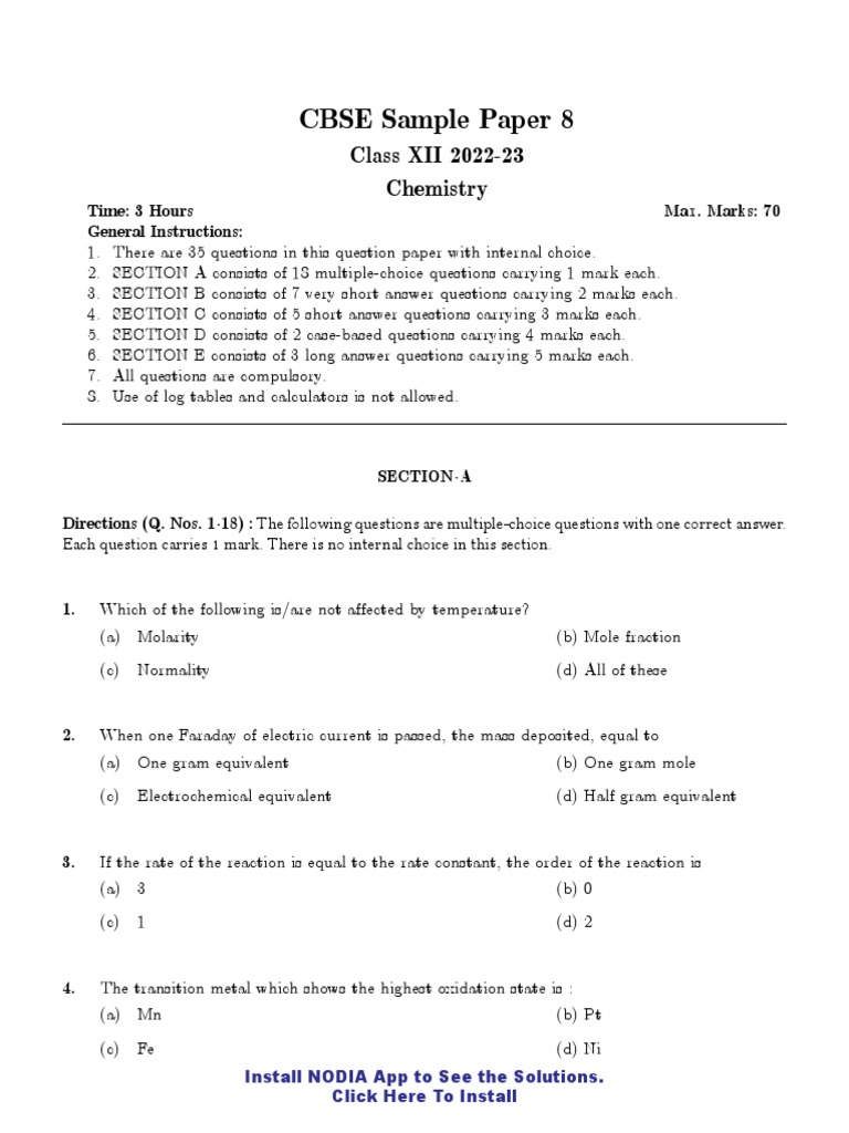 Analysis of CBSE Chemistry Class 12 Sample Paper 8 | PDF | Chemical Reactions | Materials