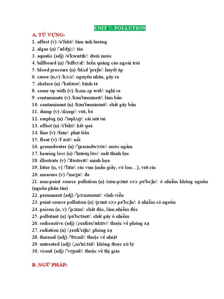 A. T V NG:: Unit 7: Pollution | PDF