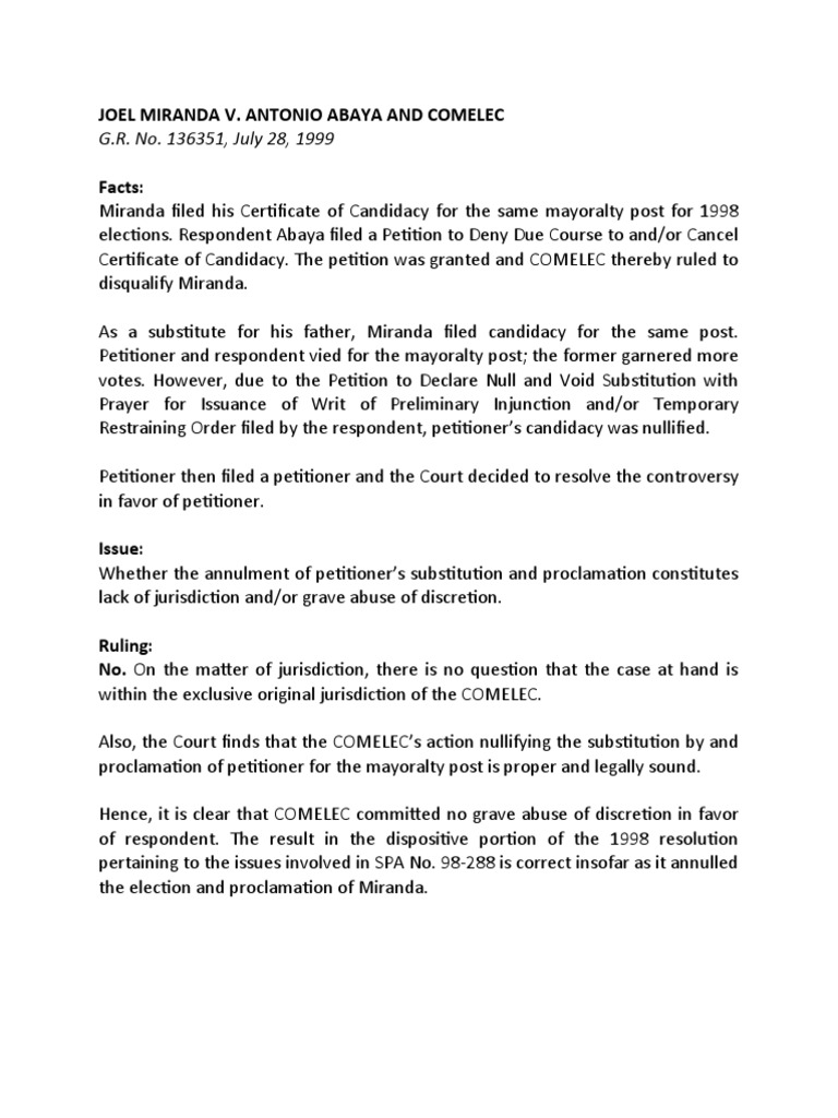 Comelec Ruling On Miranda Candidacy Upheld Pdf Annulment Jurisdiction