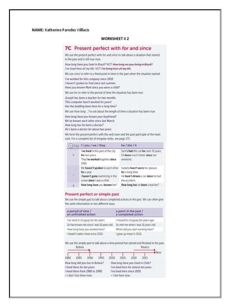 Worksheet 2-Present Perfect With For Since | PDF