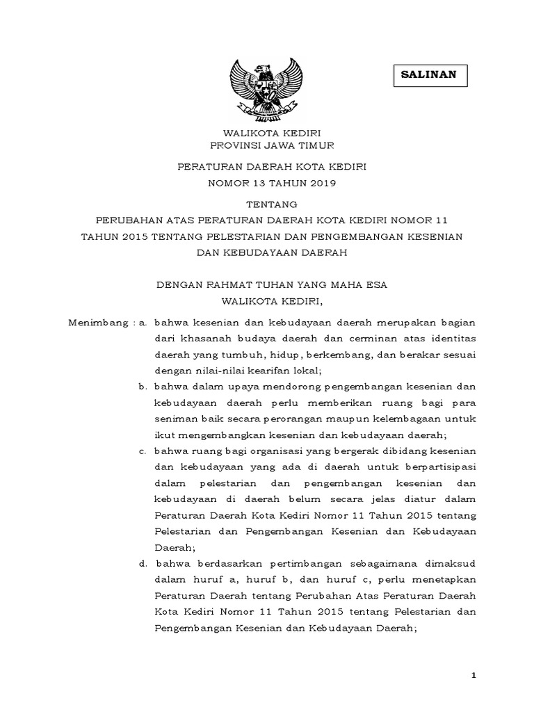 13 PERDA 2019 TENTANG Perubahan Perda Nomor 11 THN 2015 TTG Pelestarian Dan Pengembangan ...