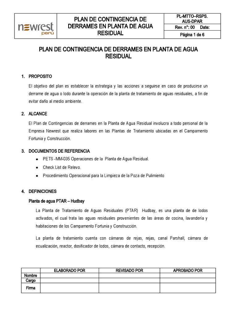 Plan de Contingencia Por Derrames | PDF | Agua | Aguas residuales