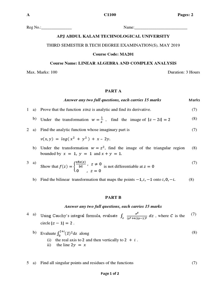 LINEAR ALGEBRA AND COMPLEX ANALYSIS S3 B.Tech May 2019 R & S - Ktu Qbank | PDF | Matrix ...