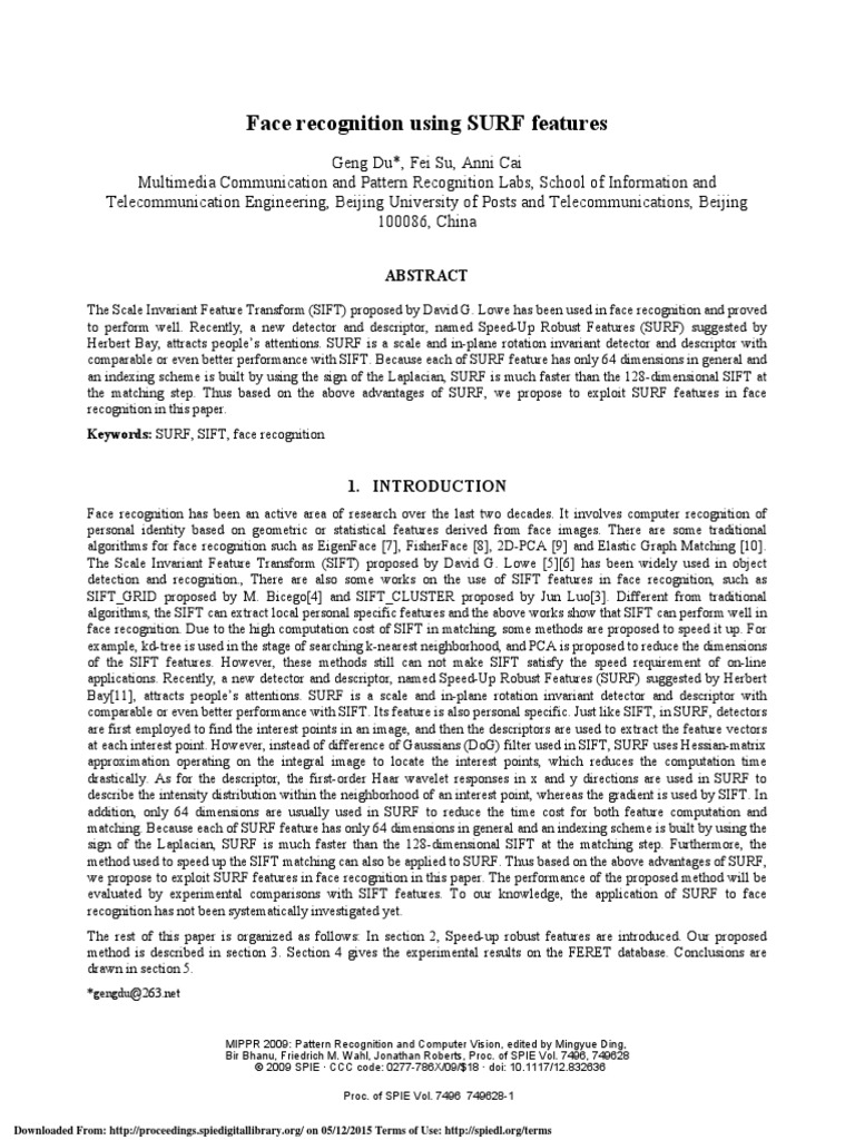 Face Recognition Using Surf Features Pdf Computer Vision Cybernetics