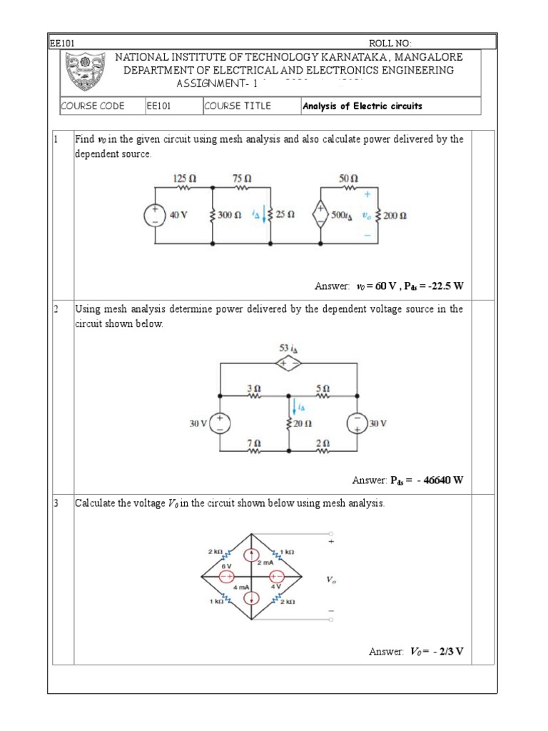 EE101: Mesh Analysis Assignments | PDF