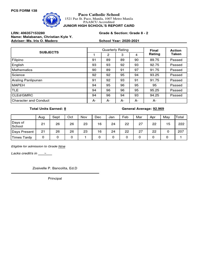 Malabanan, Christian Kyle Yamat Report Card | PDF