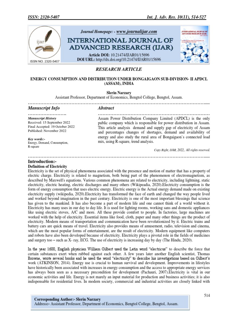 Energy Consumption and Distribution Under Bongaigaon Sub-Division - Ii ...