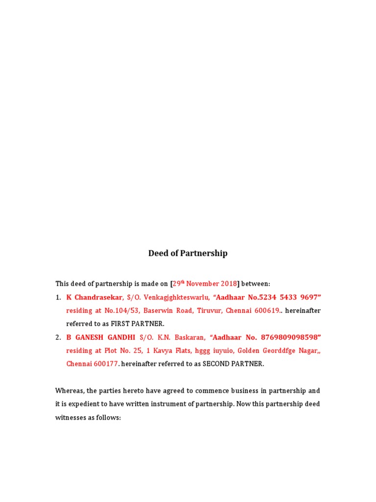 Partnership Deed Format | Download Free PDF | Partnership | Transaction ...