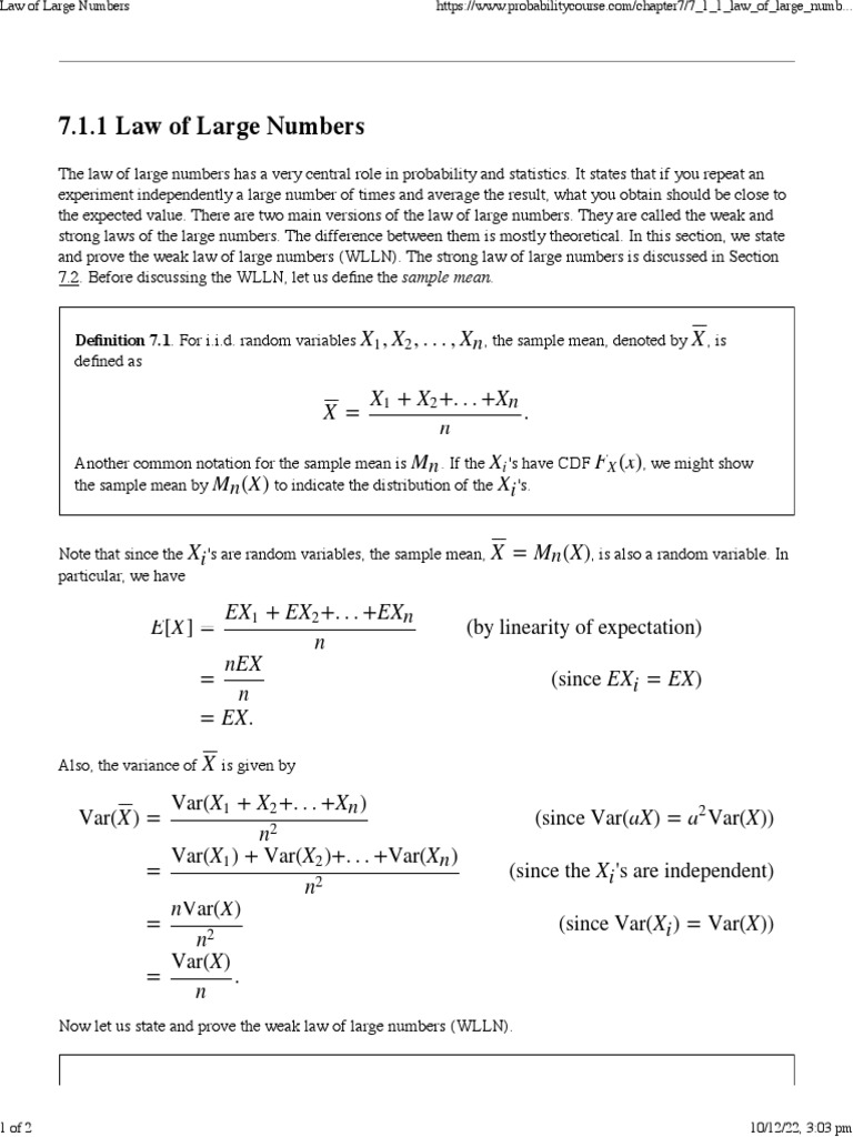 Law of Large Numbers | PDF | Variance | Mean