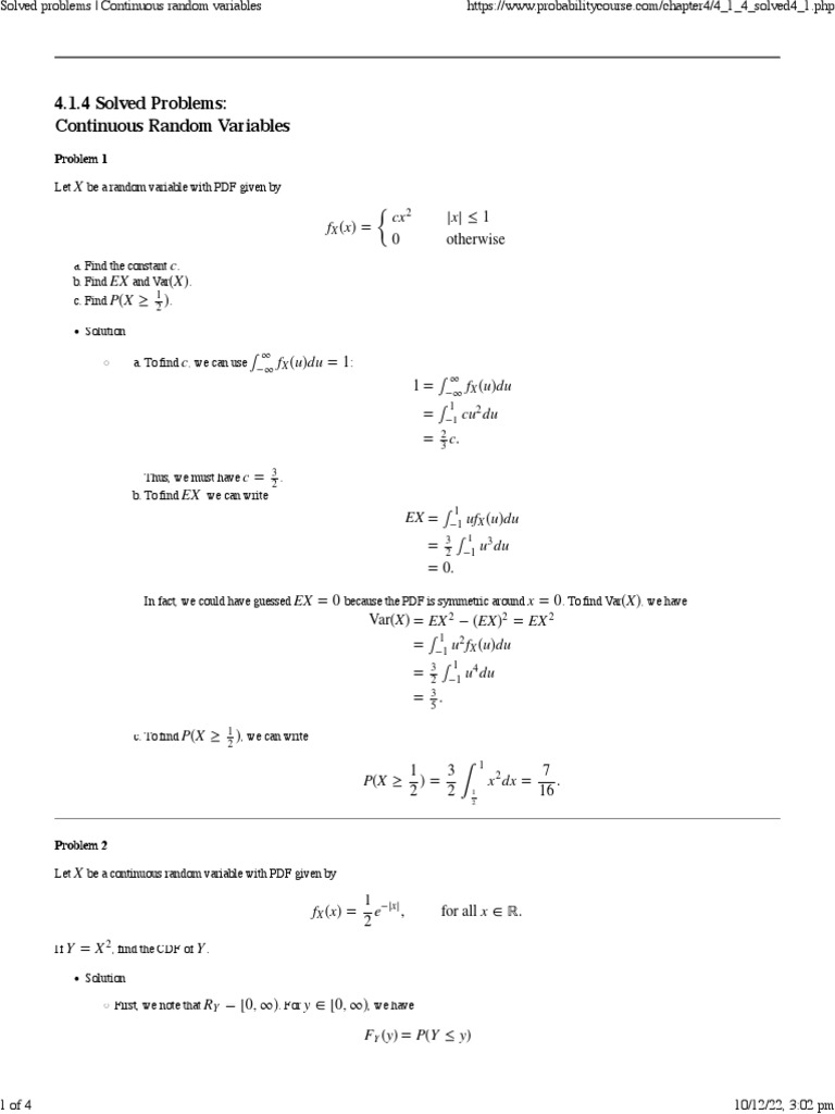 Solved problems Continuous random variables | PDF | Probability Density Function | Mathematical ...