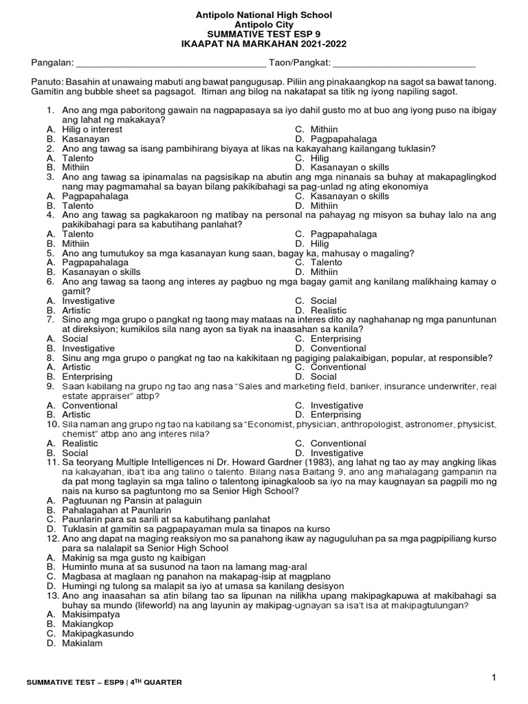 Esp9 Summative Test | PDF Esp9 Summative Test | PDF