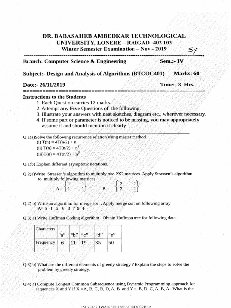 Btech Cs 4 Sem Design and Analysis of Algorithms Btcoc401 Nov 2019 | PDF Btech Cs 4 Sem Design and Analysis of Algorithms Btcoc401 Nov 2019 | PDF