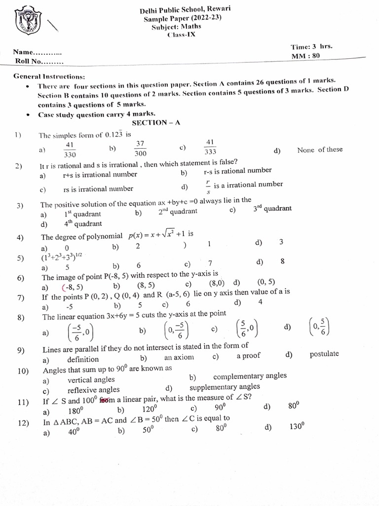 Maths Sample Paper: Analyzing Geometry, Algebra, and Problem-Solving ...