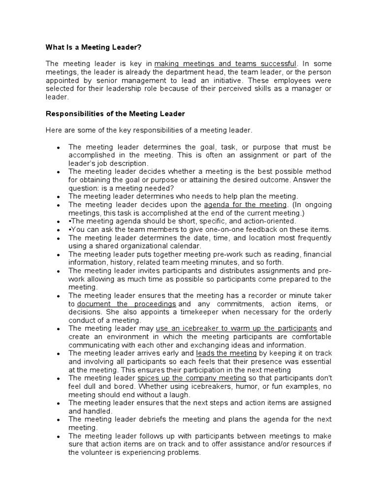 The Roles and Responsibilities of A Meeting Leader | PDF | Goal ...