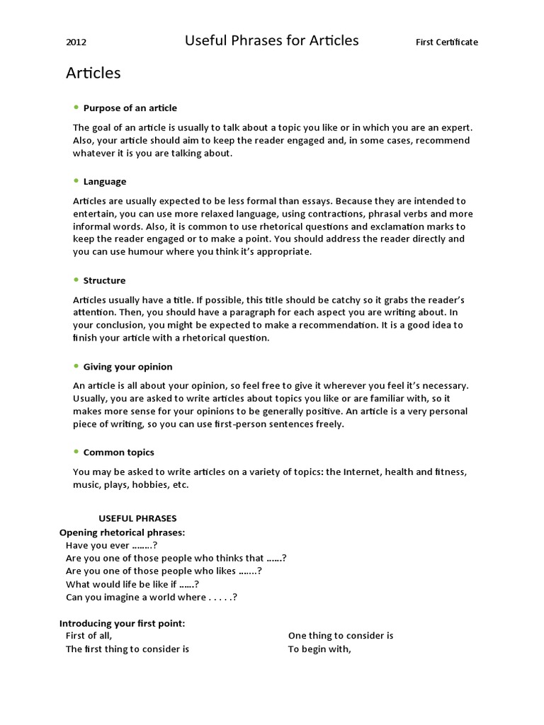 Essential Phrases for Article Writing | PDF | Phrase | Question