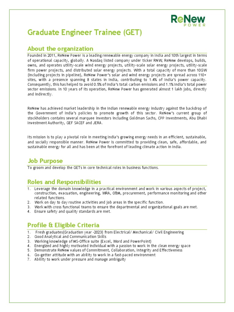 GET JD - ReNew Power-2023 | PDF | Renewable Energy | Energy Industry